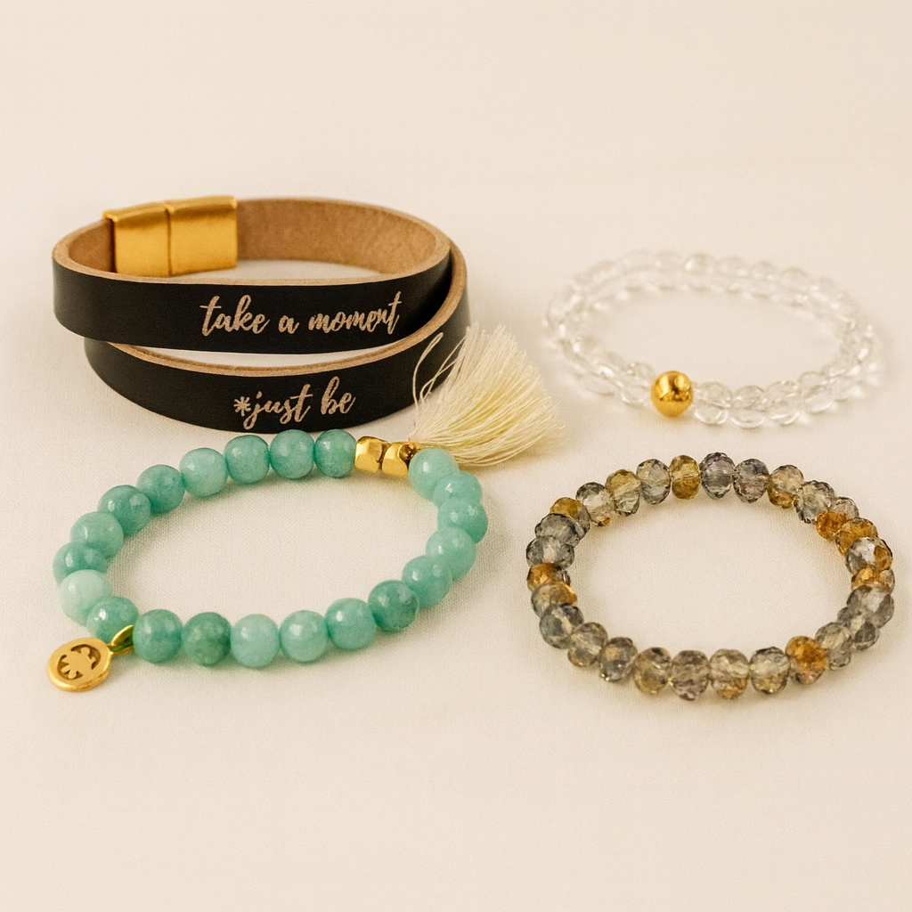 Intension Bracelet Set – 4-Piece Mindful Stack with Leather Wrap & Bea