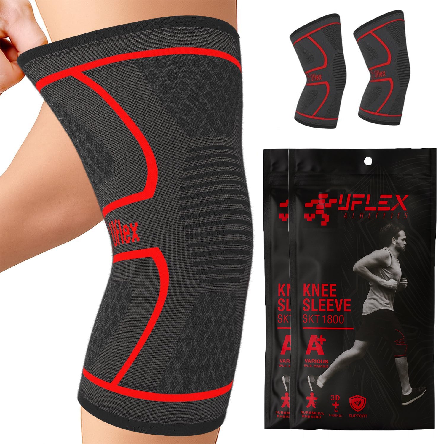 2pk UFlex Knee Compression Sleeves – Non-Slip Support for Sports & Rec