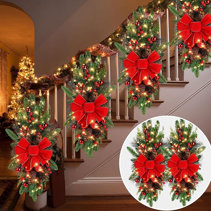 2pk Pre-Lit Christmas Wreath Swags – 24″ Battery Operated Garland Déco