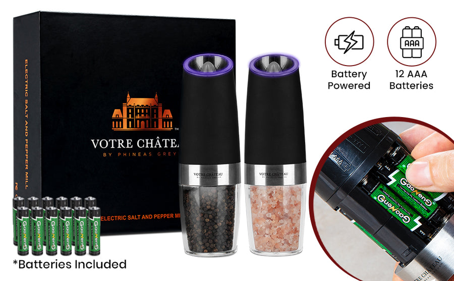 Gravity Electric Salt & Pepper Grinder 2 piece Set – Batteries, Scoop