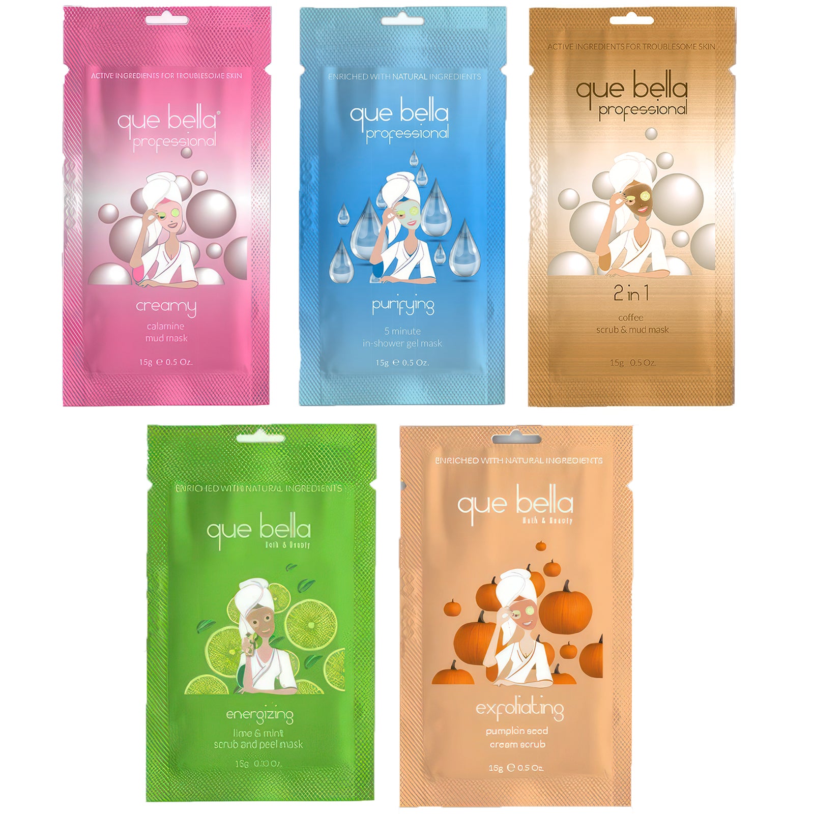Que Bella Facial Scrubs & Masks – Exfoliating, Hydrating, and Purifyin