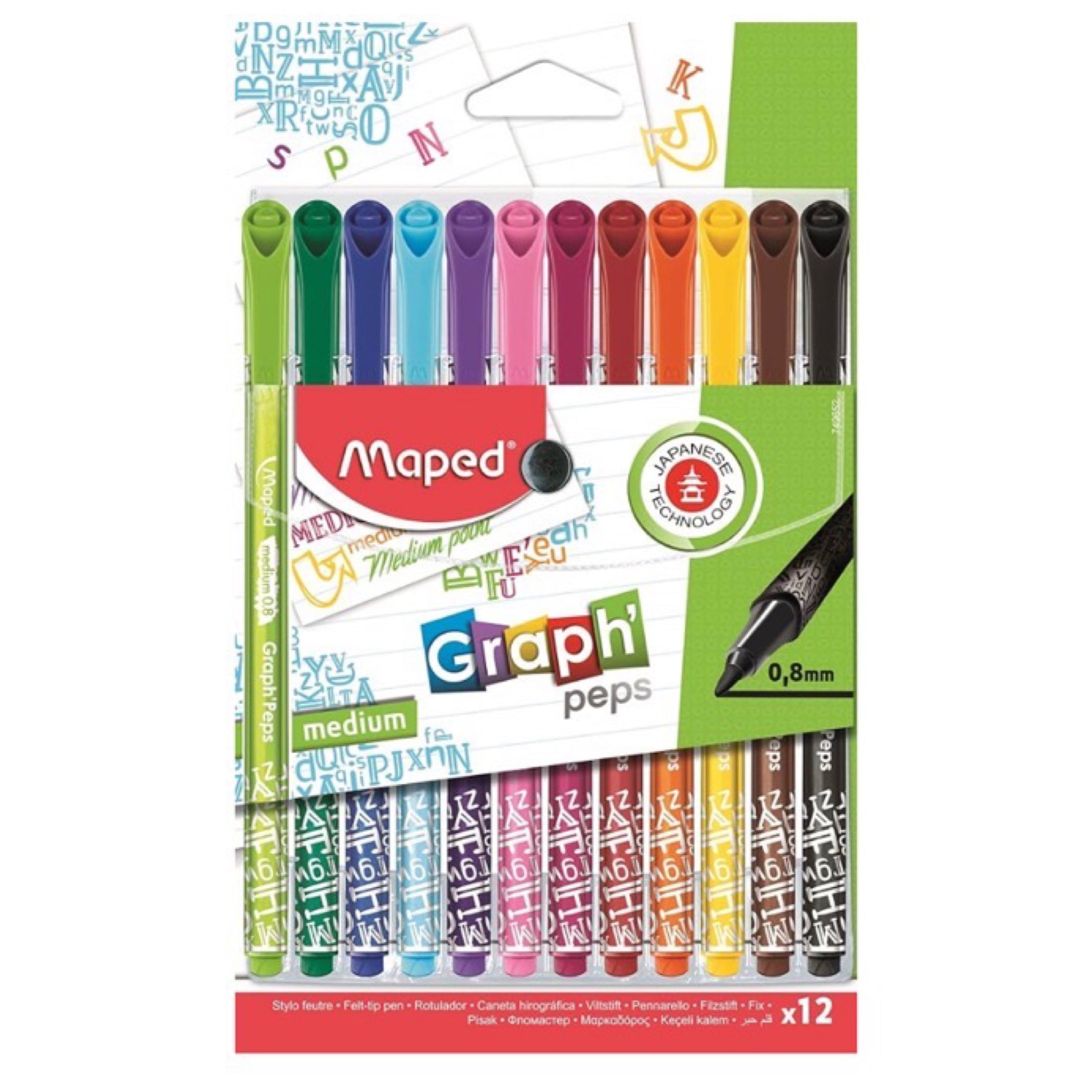12pk Maped 0.8mm Graph' Peps Medium Tipped Fine Line Felt Pens - Trian